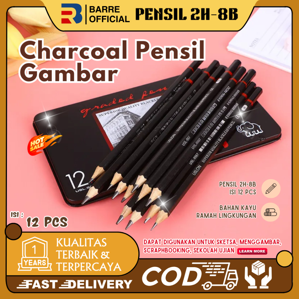 Jual BARRE 12 Pcs Charcoal Sketch Pencil Set 2H H F B HB 2B 3B 4B 5B 6B 7B 8B Pensil Sketsa Set ...