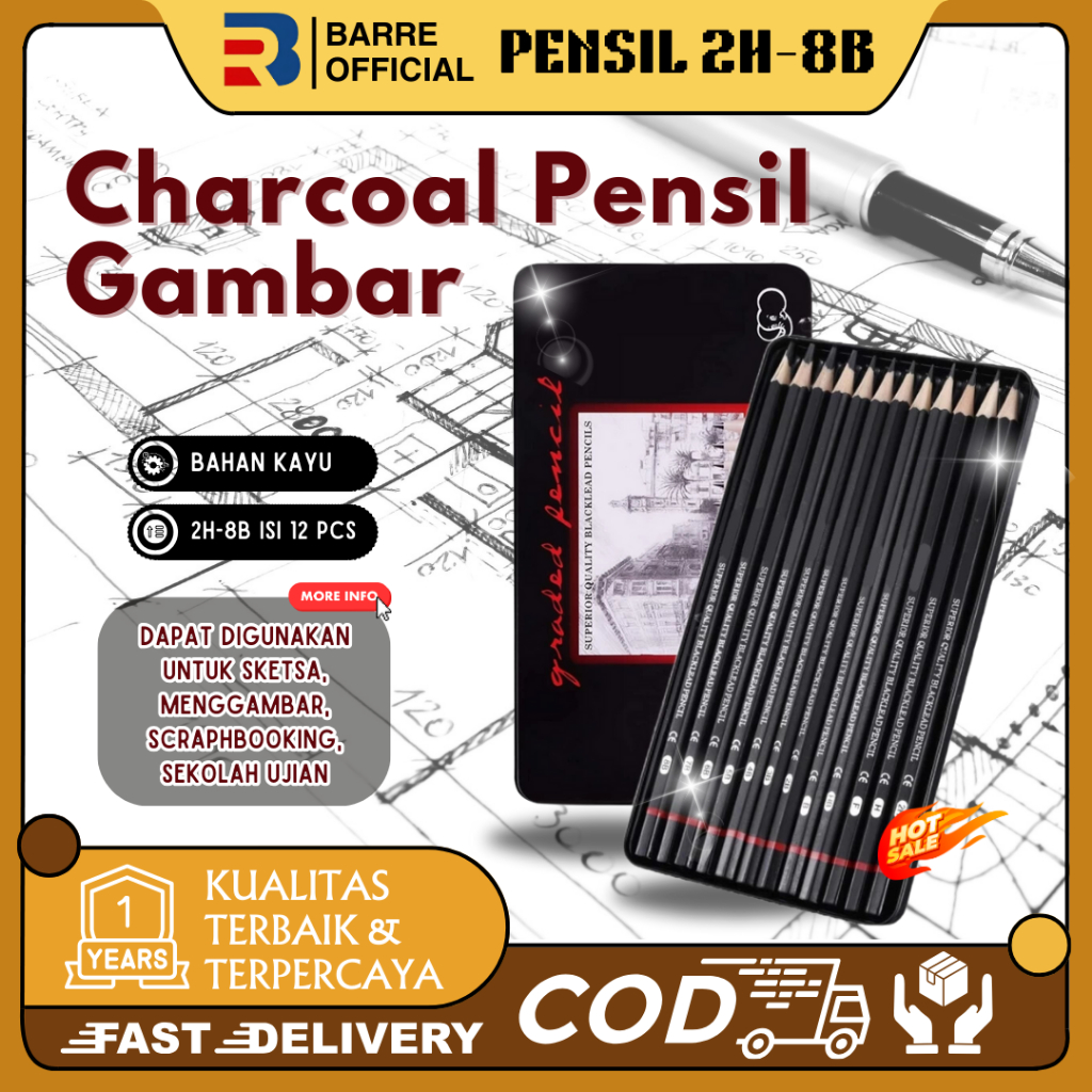Jual BARRE 12 Pcs Pensil Gambar Sketsa Set Lengkap 2H H F B HB 2B 3B 4B 5B 6B 7B 8B Charcoal ...