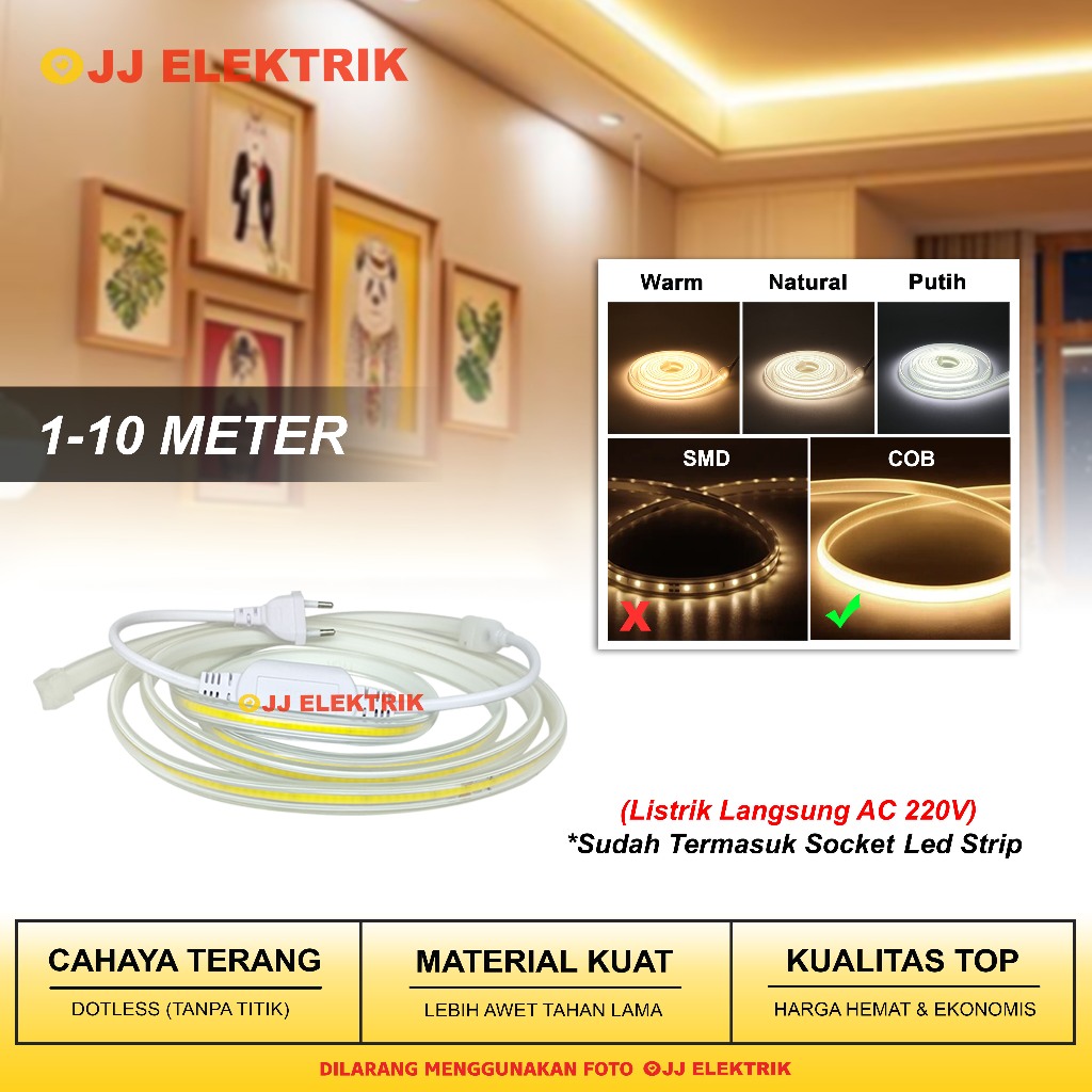 Jual LED Strip COB 220V 1-10 Meter Plus Colokan - Lampu Plafon Terang ...