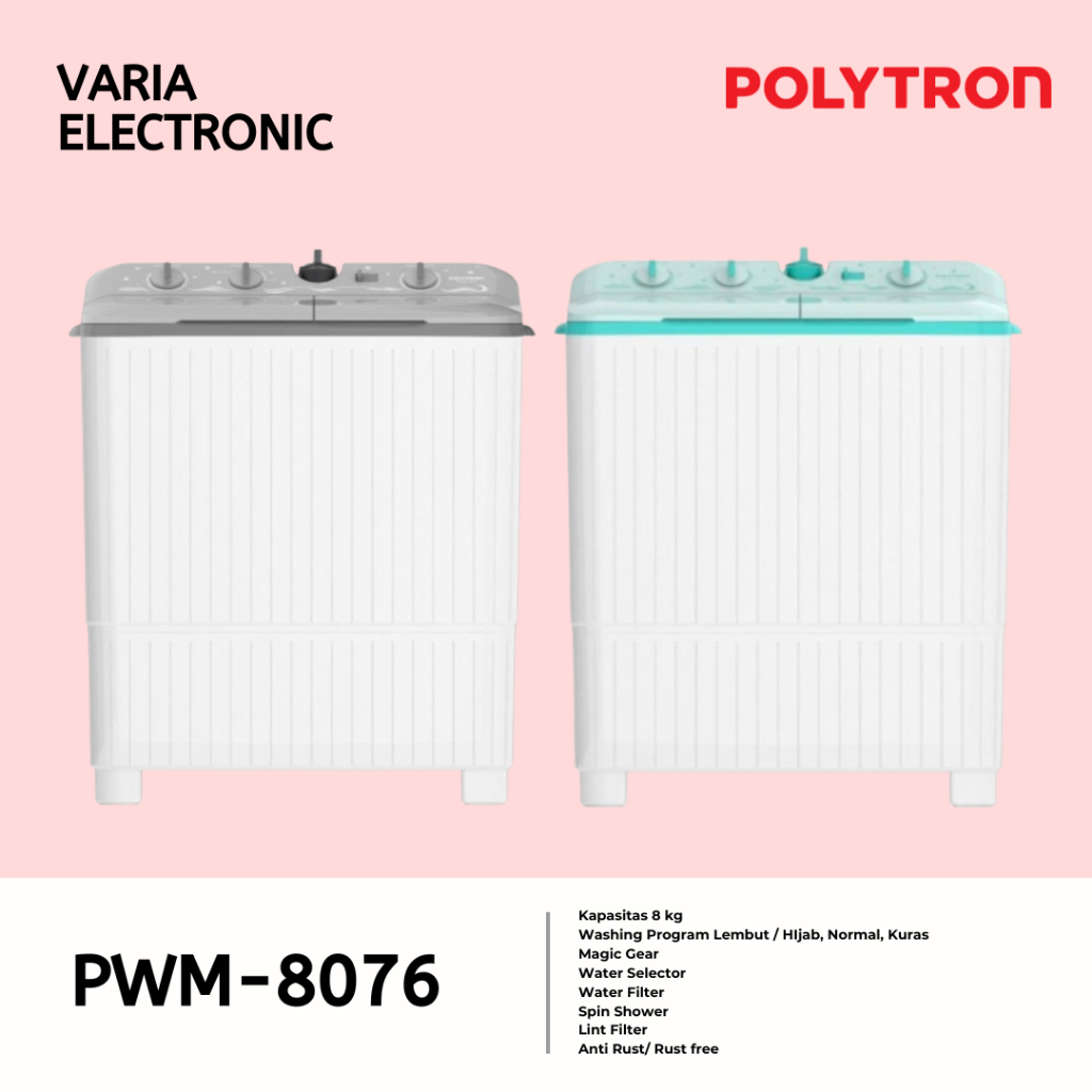Jual Mesin Cuci POLYTRON 2 Tabung PWM-8076 Kapasitas 8 Kg | Shopee ...