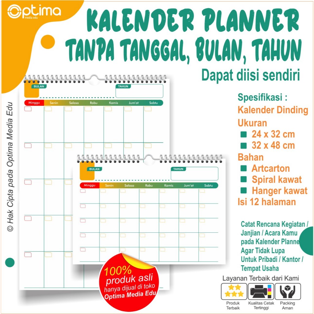 Jual Kalender Planner Kosongan / Tanpa Tanggal, Bulan, Tahun (Dapat ...