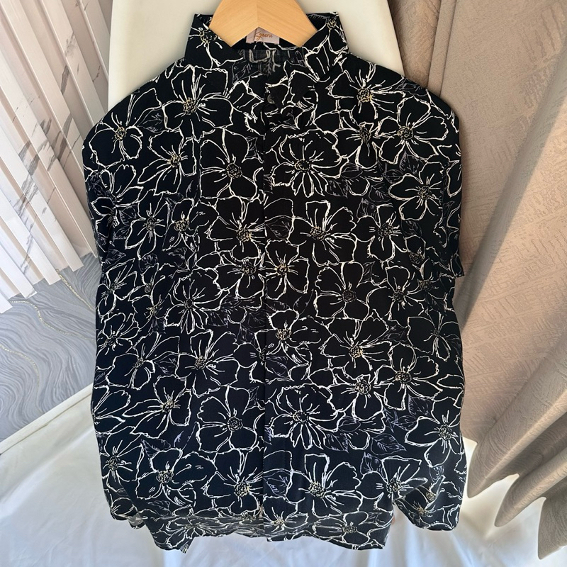 Jual Pattern Shirt / Oversized Pattern Shirt / Flowery Black | Shopee ...