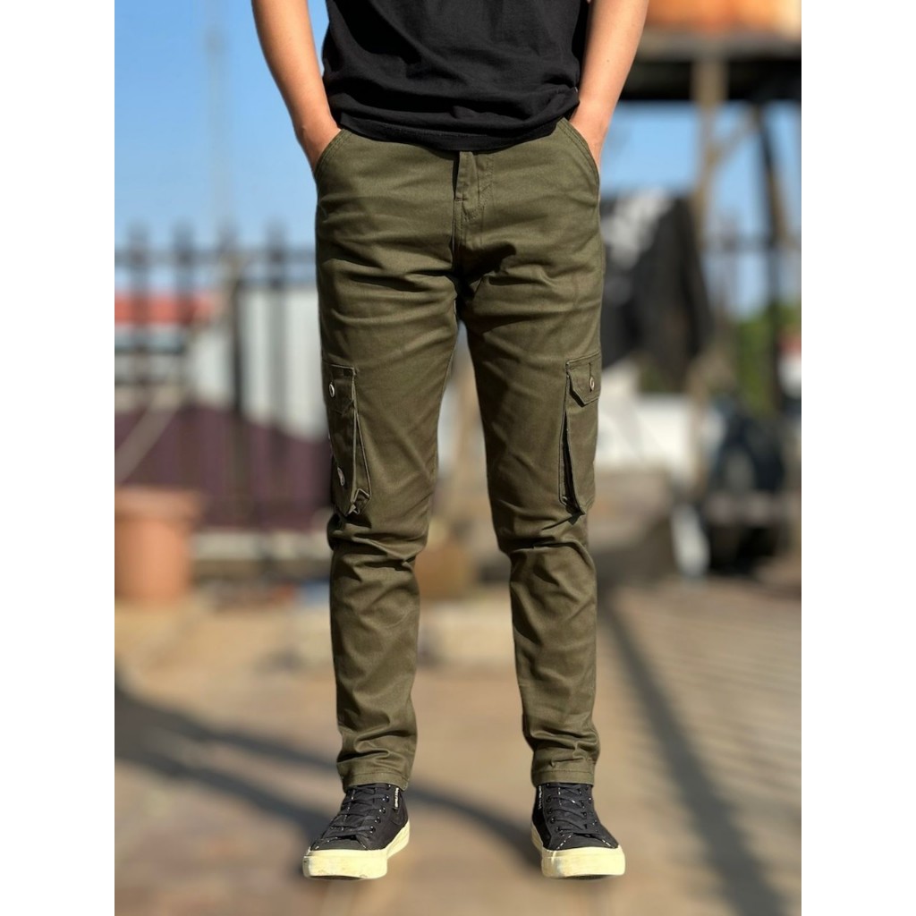 Jual Celana Cargo Panjang Pria Strecth Slim Fit Long Cargo Pants Hijau Army | Shopee Indonesia