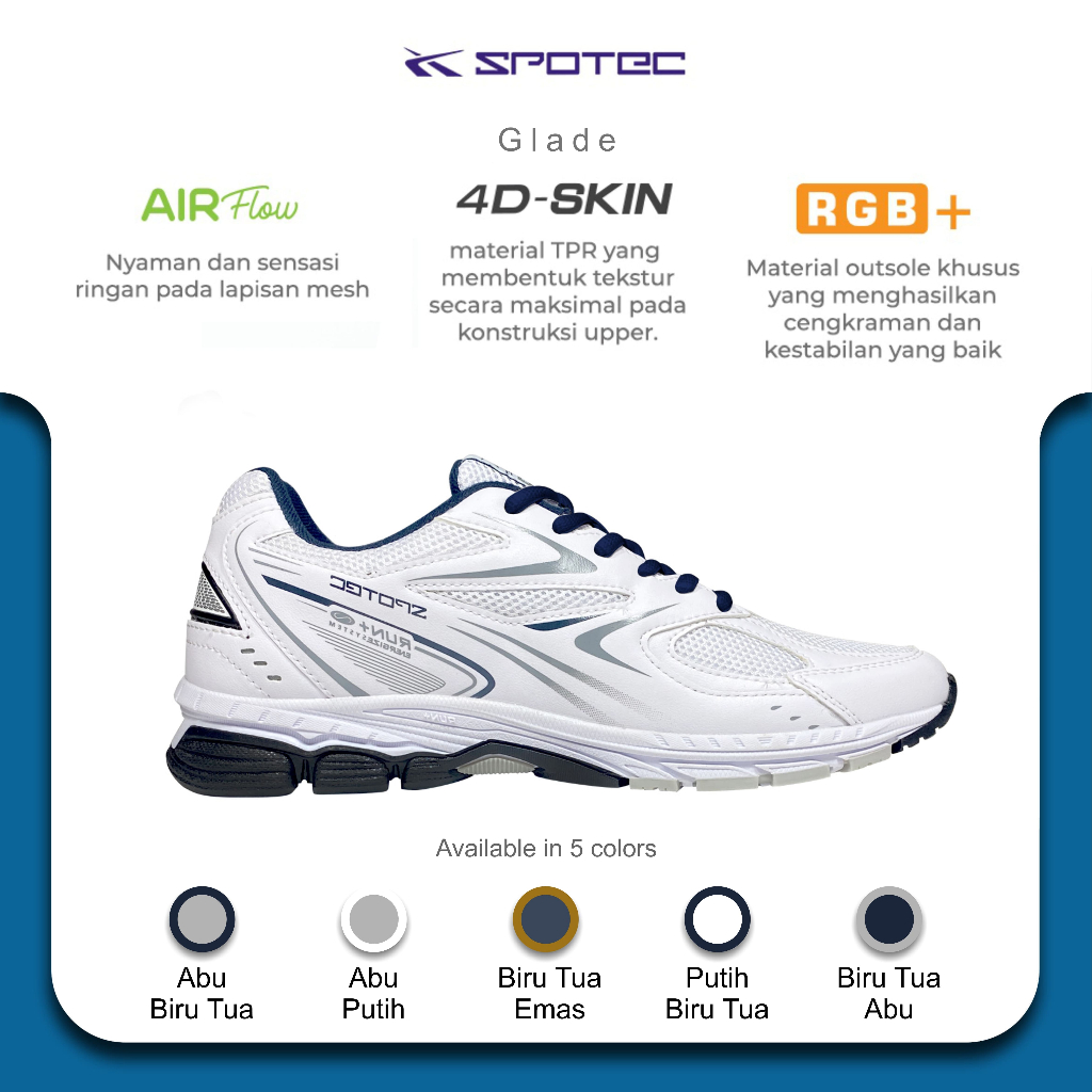 Jual SPOTEC Sepatu RUNNING Artikel GLADE-Putih/Biru Tua | Shopee Indonesia