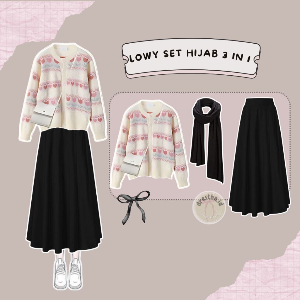 Jual One Set Korean Style 3IN1 Cardigan Cute Ala Korea + Rok Flowy Mayung + Hijab Setelan OOTD ...