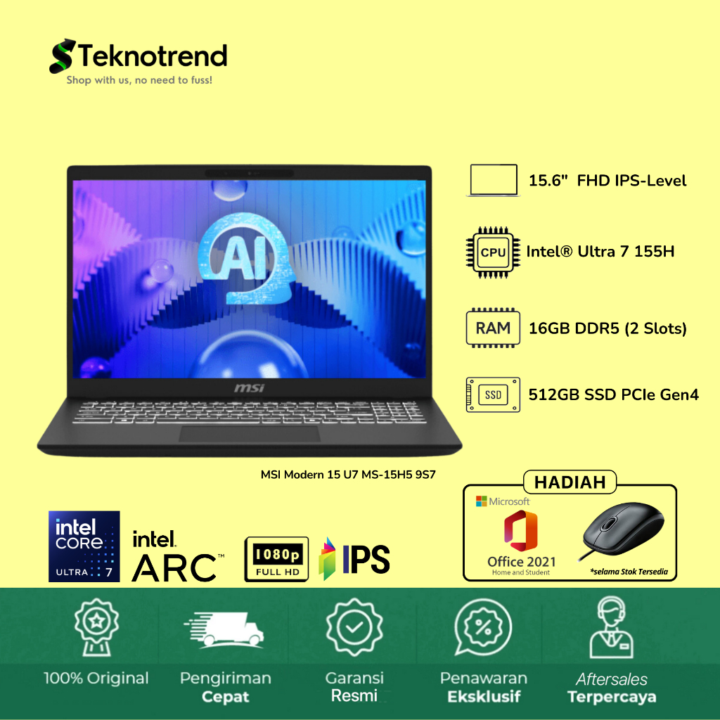 Jual MSI Modern 15 Ultra 7 / Ultra 5 [ 16GB/512GB ] 15" FHD IPS Intel Arc AI Win11+OHS | Shopee ...