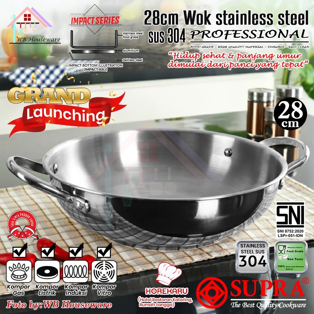 Jual SUPRA wok 28cm stainless steel impact SUS 304 professional series ...