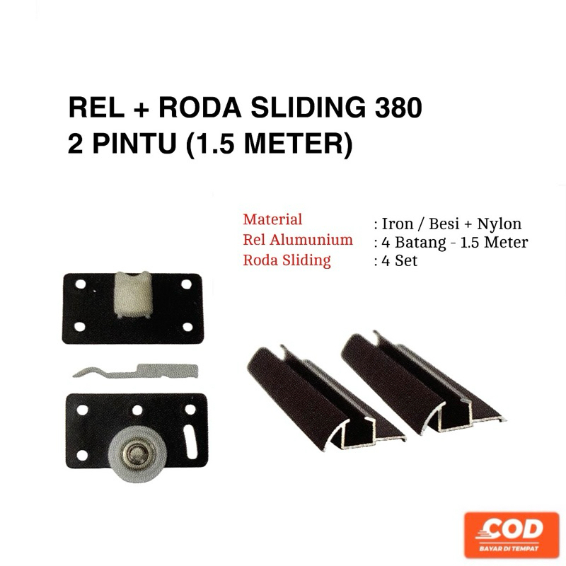 Jual (2 Pintu) Paket 4 Rel Lemari Sliding Timbul 380 Lenaga 1.5 Meter + 4 Set Roda SD 380 Pintu ...