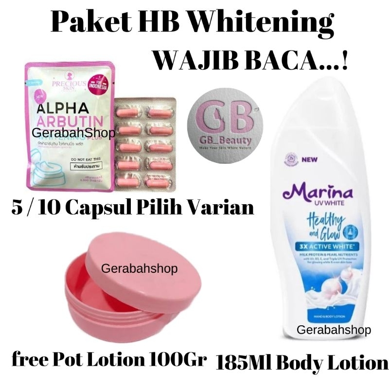 Jual Paket Hb Whitening Bubuk Capsul Alpha Arbutin Marina Body Lotion ...