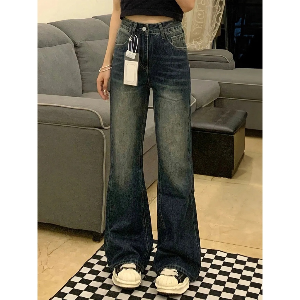 Jual Celana jeans wanita longgar kaki lebar High waist Celana jeans ...