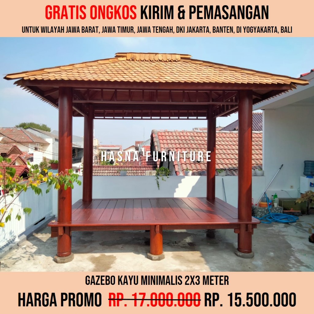 Jual Gazebo Kayu Minimalis Modern Ukuran 2x3 Meter Atap Sirap Ulin ...