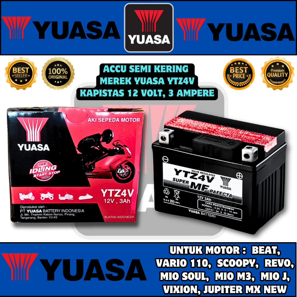 Jual AKI ACCU KERING ORIGINAL YUASA YTZ4V UNTUK MOTOR BEAT FI KARBU ...