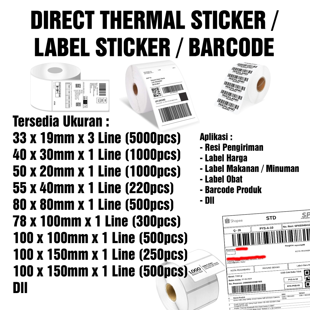 Jual Kertas Sticker Direct Thermal Macam Macam Ukuran Label Resi Harga Barcode | Shopee Indonesia