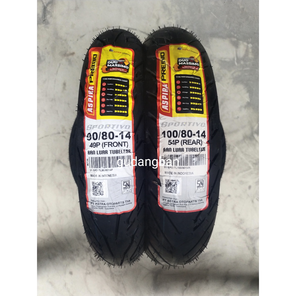Jual ( PAKET 2 BAN ) Aspira premio sportivo 90 / 80 - 14 dan 100 / 80 -14 Ban Motor TUBELESS ...