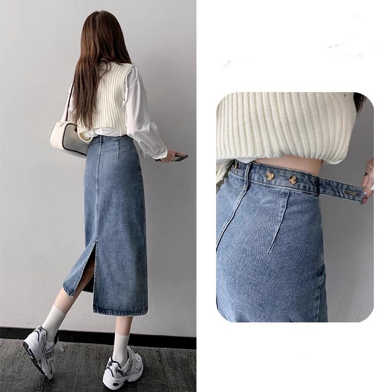Jual Rok jeans midi wanita Highwaist rok kancing belahan korean style ...