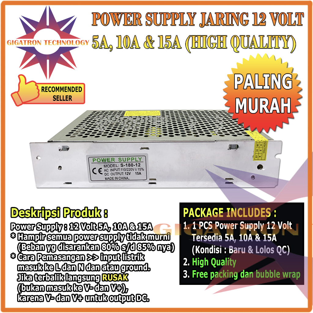 Jual Switching Power Supply PSU 12V 15A High Quality Power Supply 12V ...