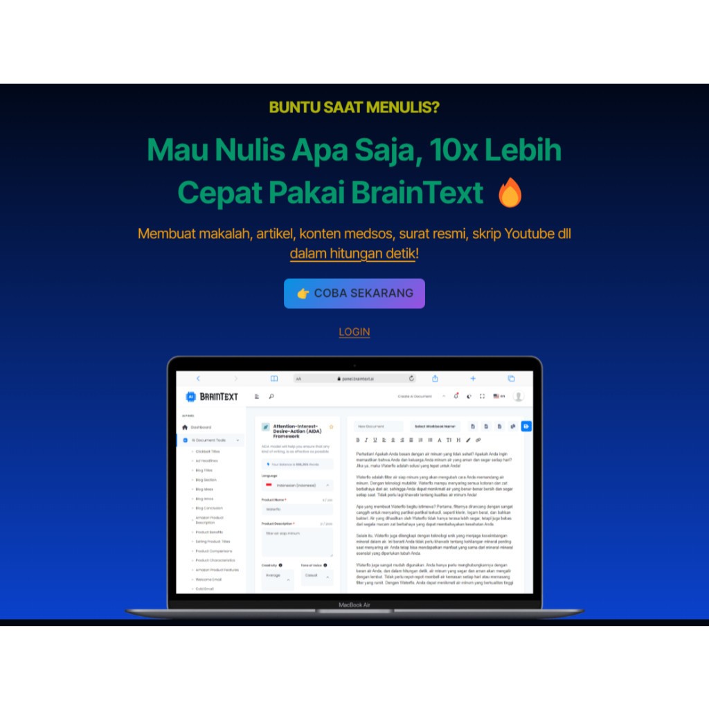 Jual Braintext.ai UNLIMITED - 10x Lebih Cepat Membuat Tulisan Konten Script Karya Ilmiah 1 TAHUN ...