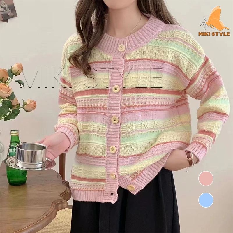 Jual Miki - Korean Style Cardigan Knit Wanita Stripe Sweater Cardigan ...