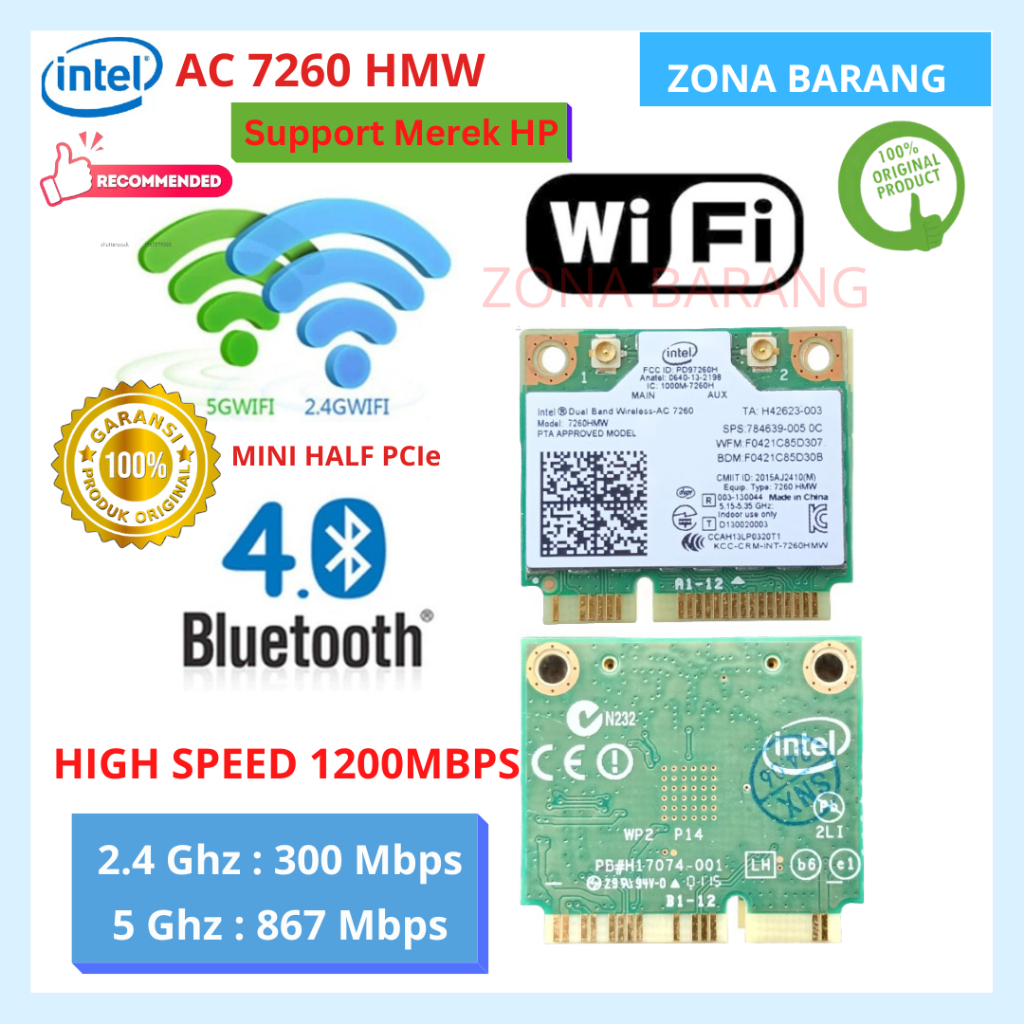Jual Wifi Card Wireless Intel AC 7260 HMW Bluetooth HALF MINI PCIE 1200 Mbps Dual Band 2.4Ghz ...