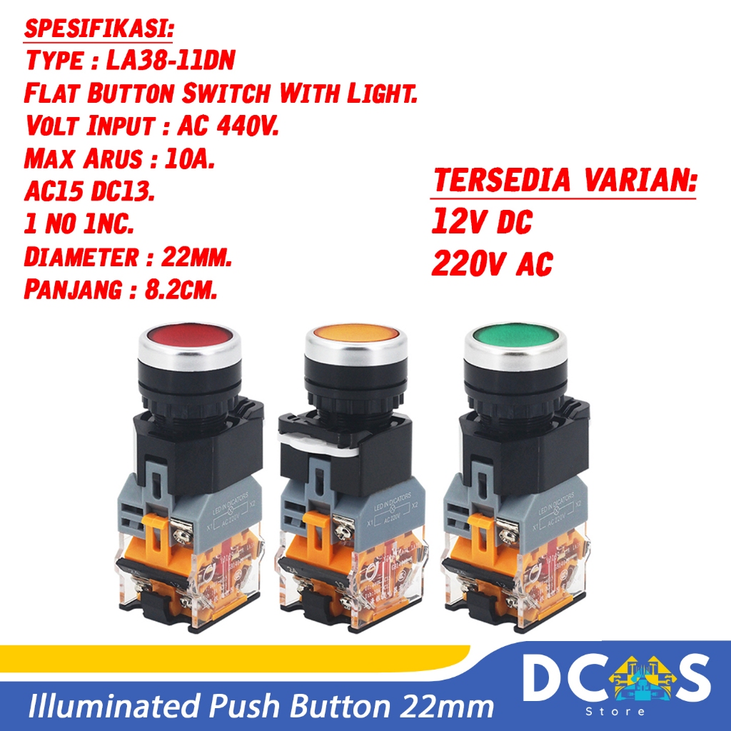 Jual Illuminated Push Button LED 12V/24V/220V 22mm Self Return LA38-11DN - 24V DC | Shopee Indonesia