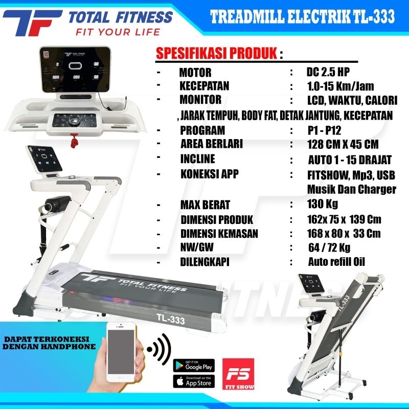 Jual TOTAL FITNESS Treadmill Elektrik Electric Automatic Incline TL-333 | Shopee Indonesia