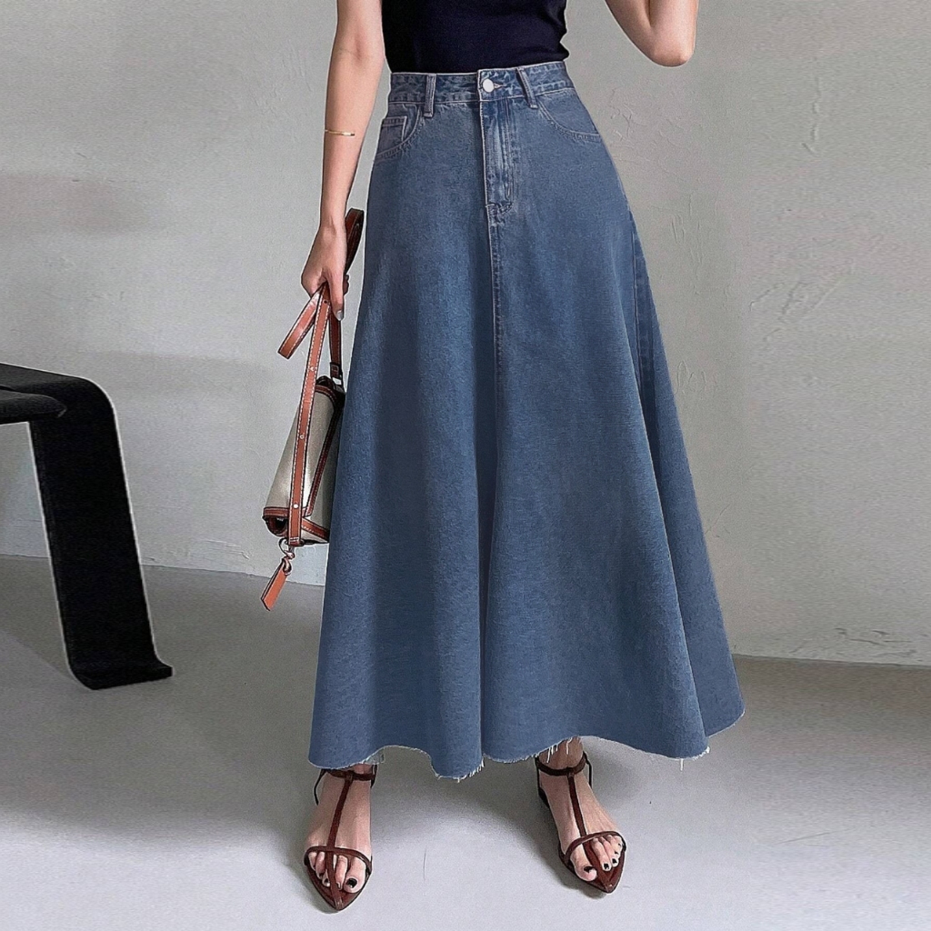 Jual Rok Jeans Wanita Fashion Elegan Korean Style A-Line Denim Maxi ...