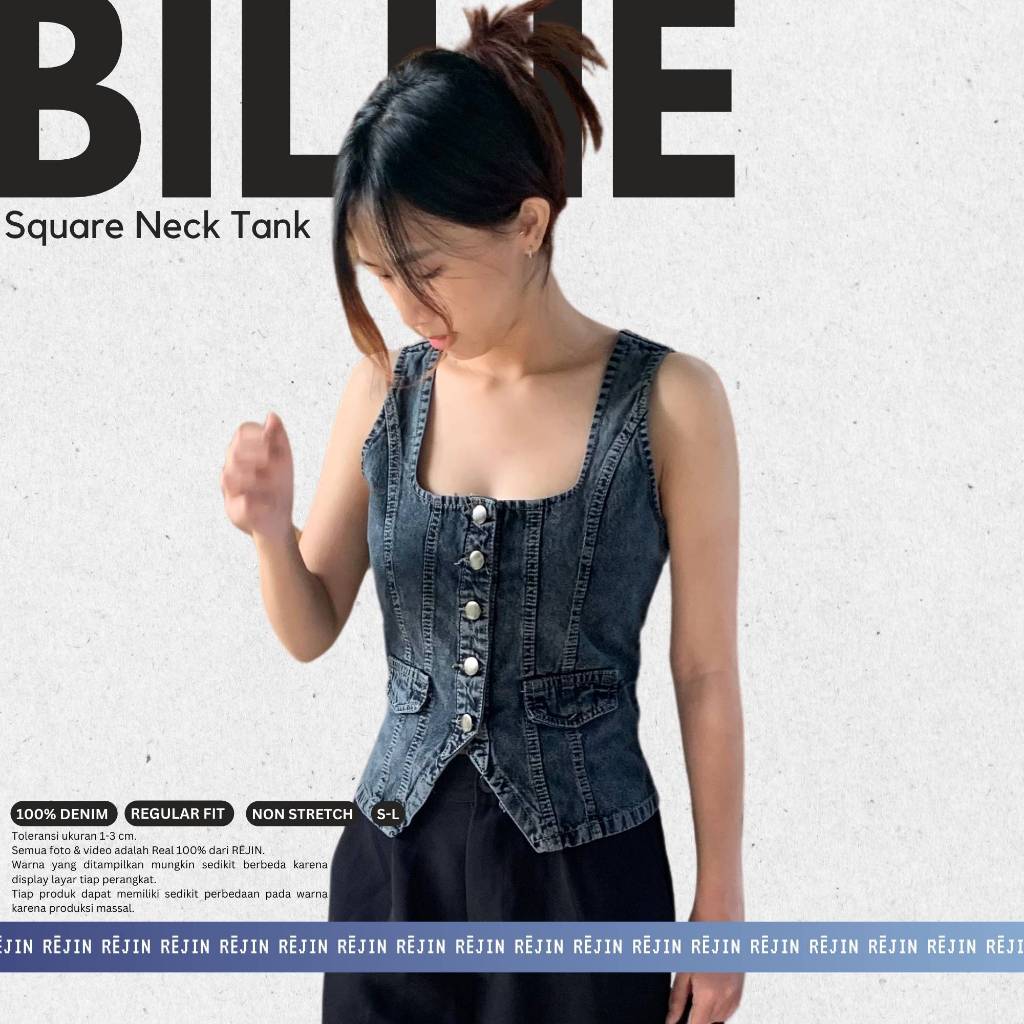 Jual REJIN - Billie Square Neck Tank Vest Crop Shirt Denim Cargo Top ...