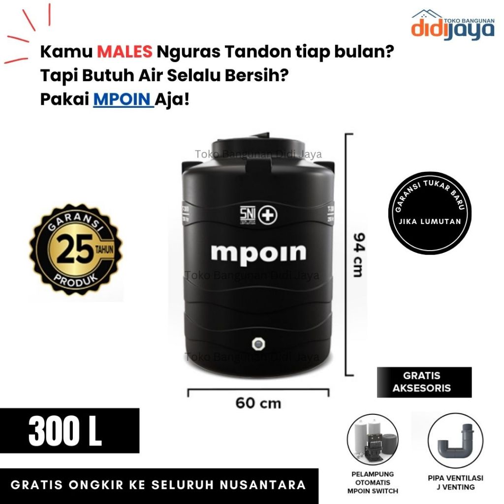 Jual Toren Tandon Air 300 L MPOIN Wave Anti Bakteri | Tandon Air Anti ...