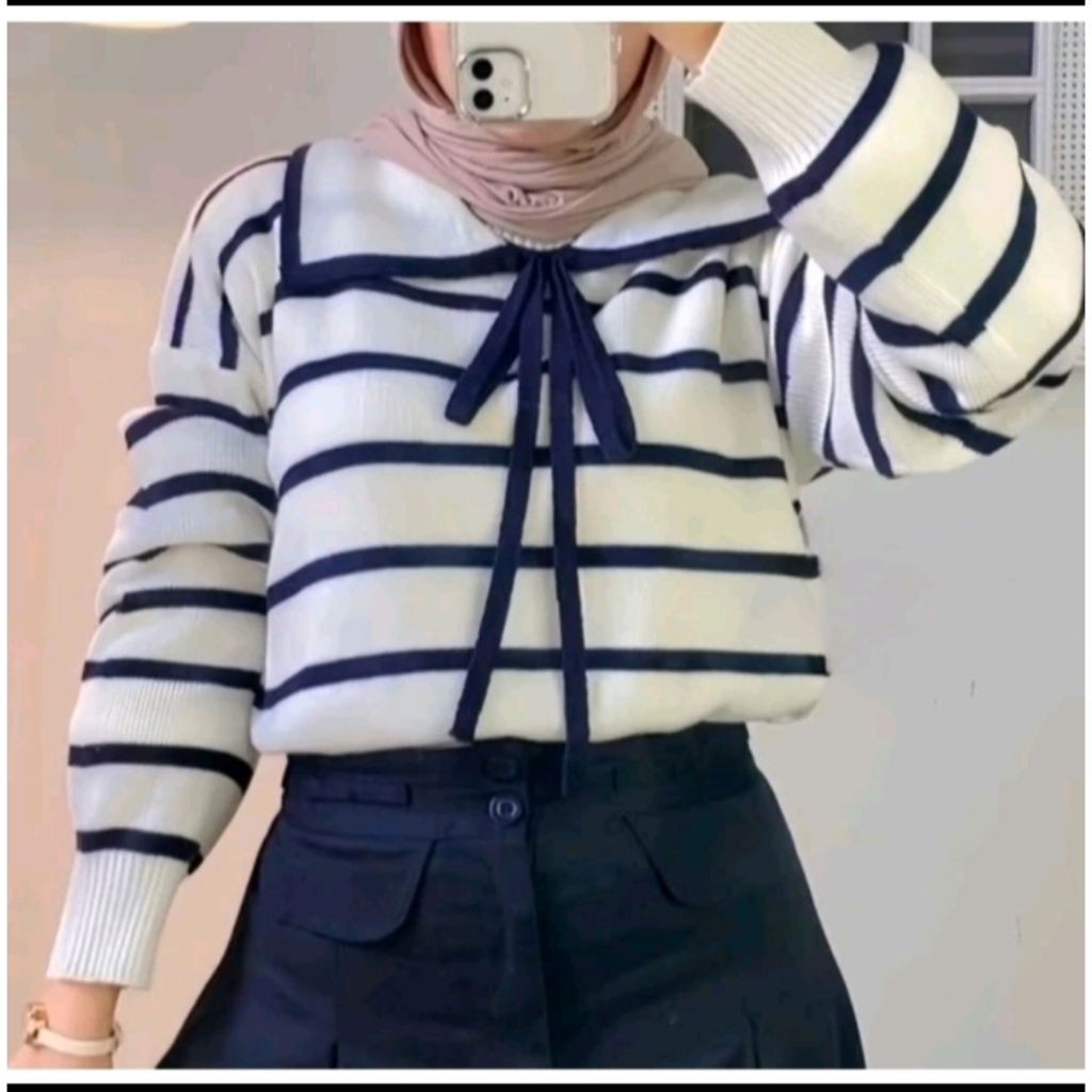 Jual Sweater Rajut Wanita Lengan Panjang Motif Belang | Atasan Rajut ...