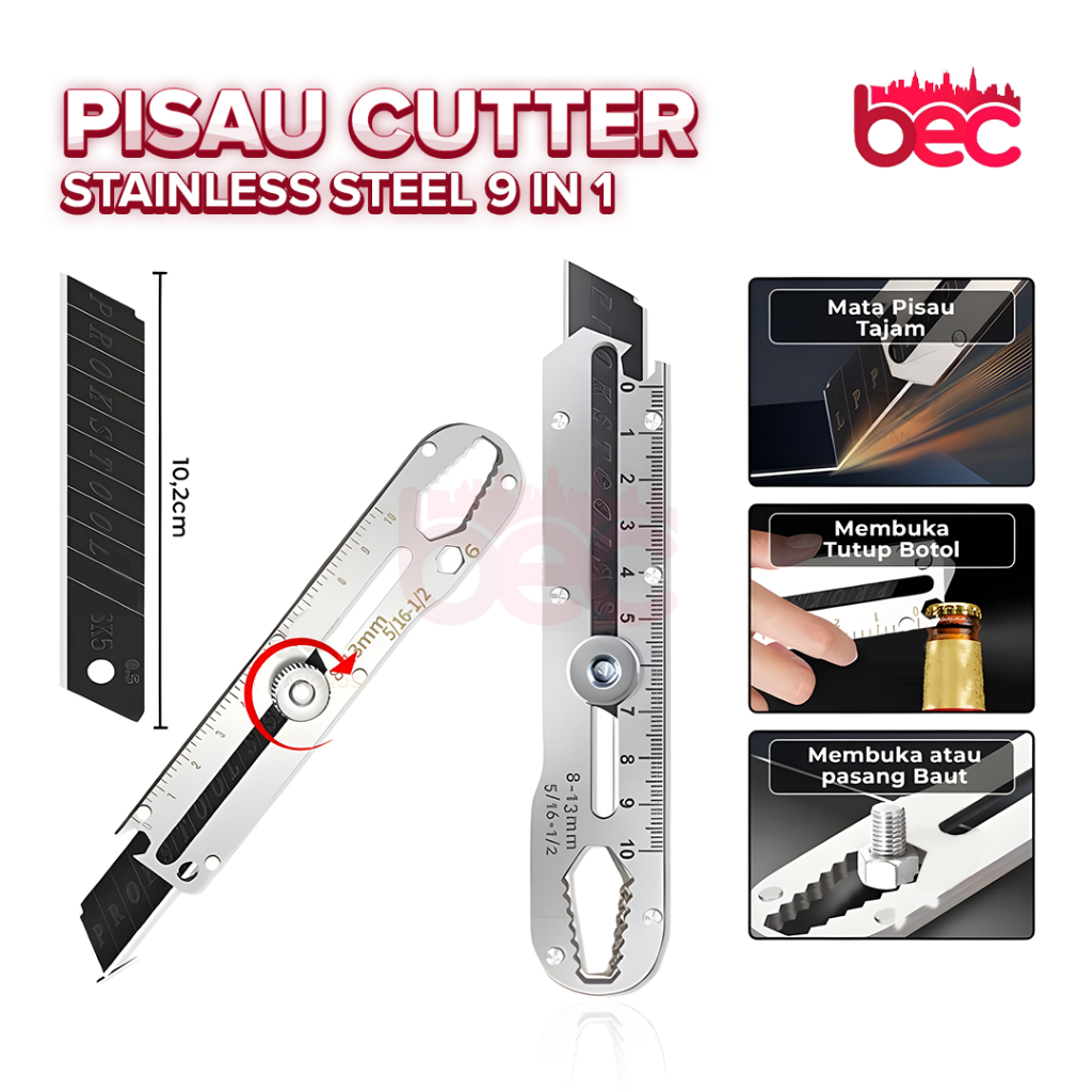 Jual [BEC] Pisau Cutter Stainless Steel 9in1 Multifungsi | Pengencang ...