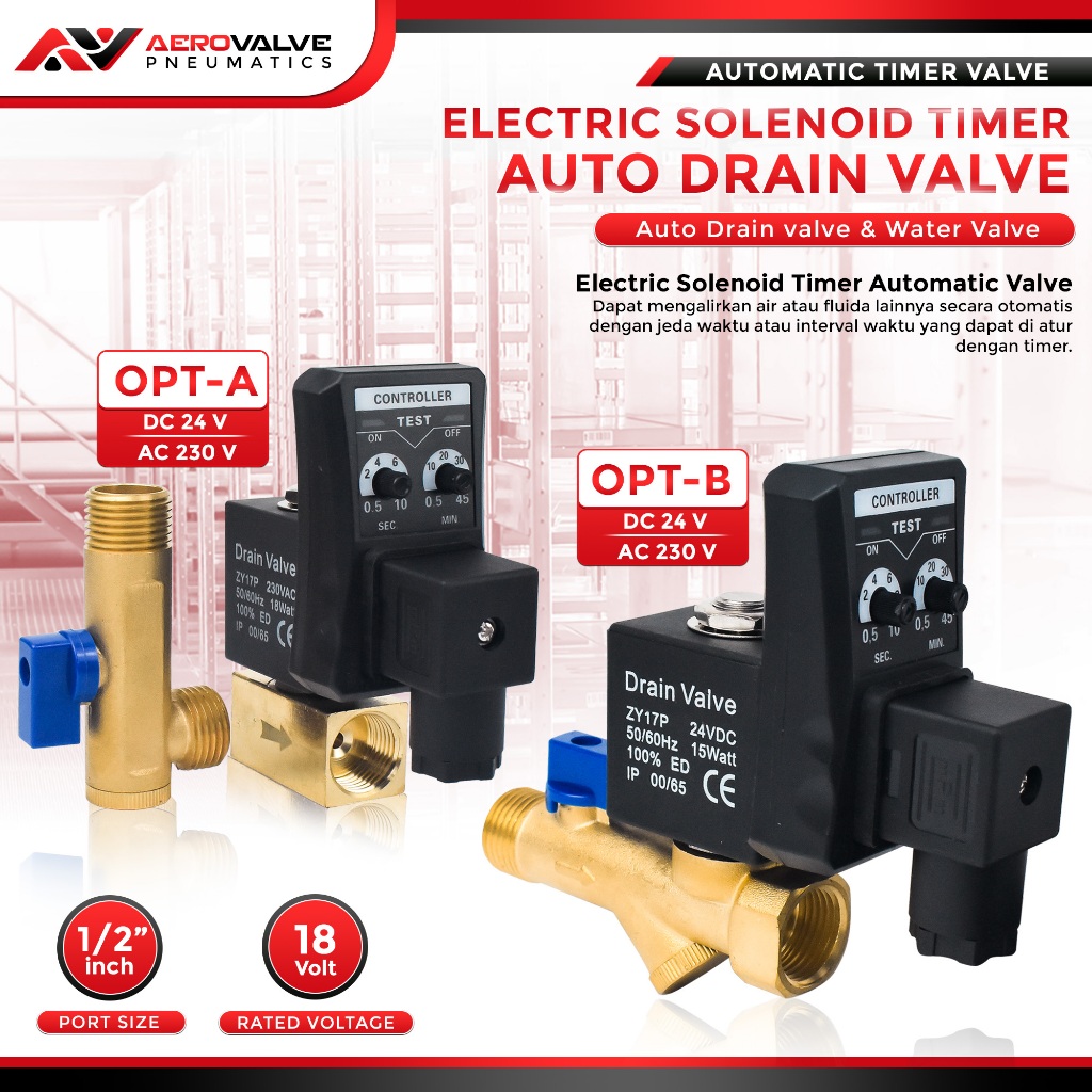Jual 1/2" Electric Solenoid Valve Timer Auto Drain 16bar 230V ac | DC 24 V Split Body | OPT A ...