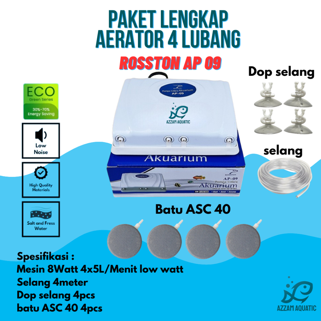 Jual PAKET LENGKAP MESIN AERATOR AQUARIUM KOLAM 4 LUBANG ROSSTON AP 09 LOW WATT | Shopee Indonesia