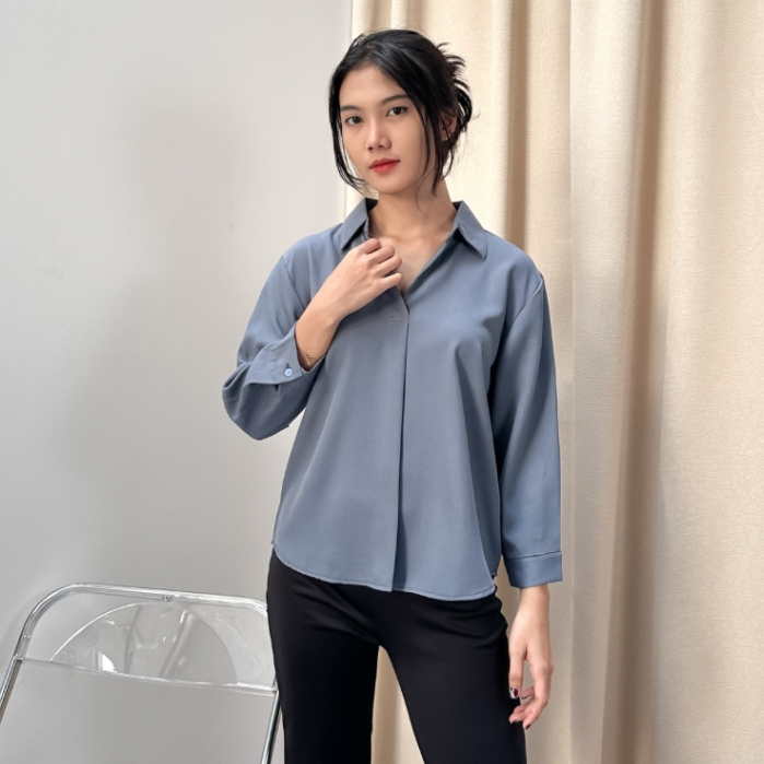 Jual ALEXA Kemeja Blouse Basic Top Atasan Lengan Panjang Wanita Kerah V ...