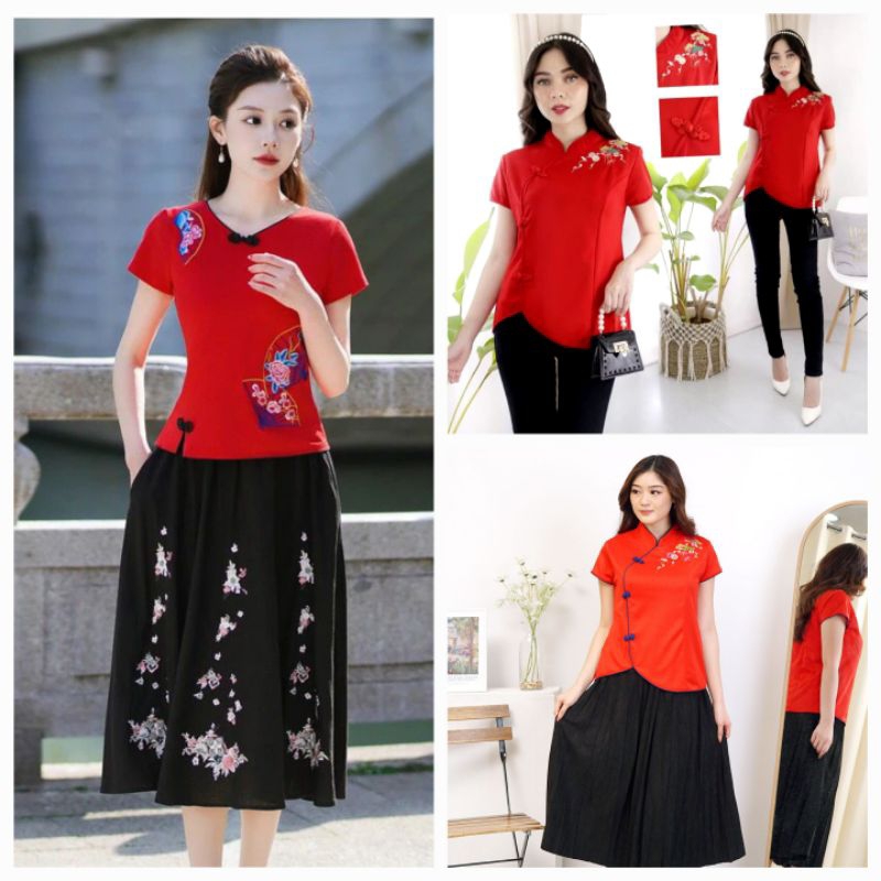 Jual BLOUSE MERAH~ IMLEK~ KERAH SHANGHAI~ VARIASI BORDIR BUNGA SAKURA ...