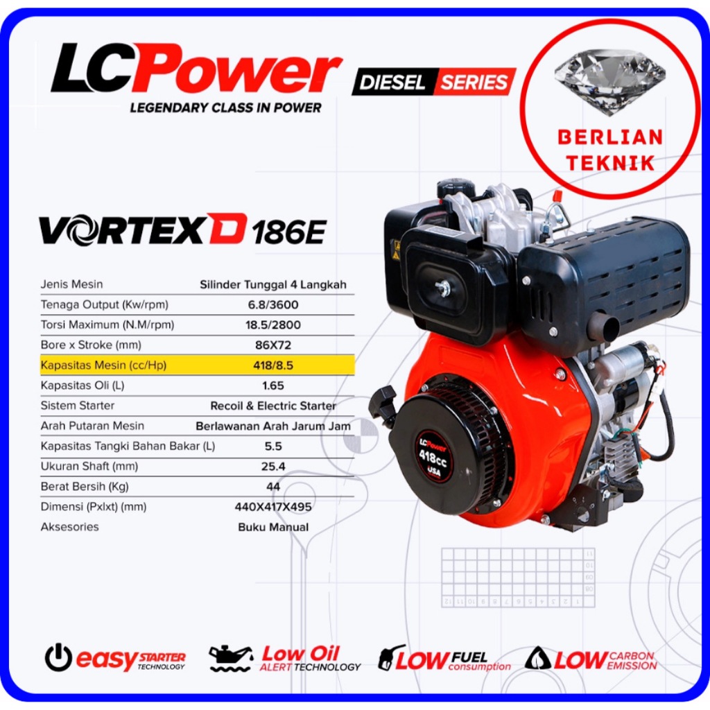 Jual Mesin Penggerak Solar Engine Diesel Loncin LC Power Vortex D186E / D 186 E / 418 cc / 9.5 ...