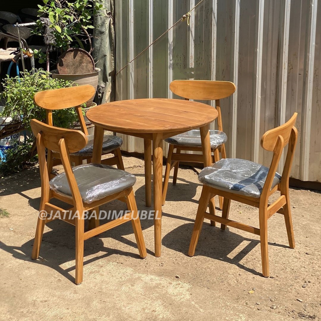 Jual Set Meja Makan Bundar Minimalis Kayu Jati, Dining Set Meja Kursi Makan Cafe Dudukan Busa ...