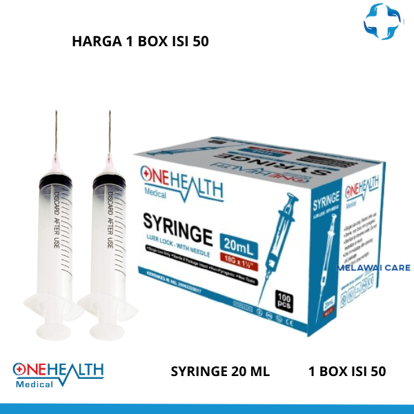 Jual Spuit 20 ml Jarum Suntik Medis Syringe 20 cc Onehealth 1 Box isi ...