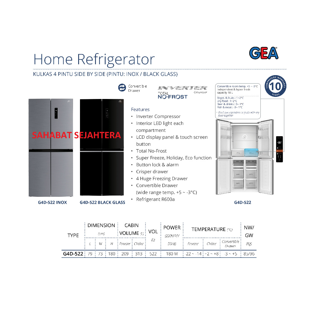 Jual GEA Home Refrigerator G4D-522 Black Glass & Inox Kulkas 4 Pintu ...