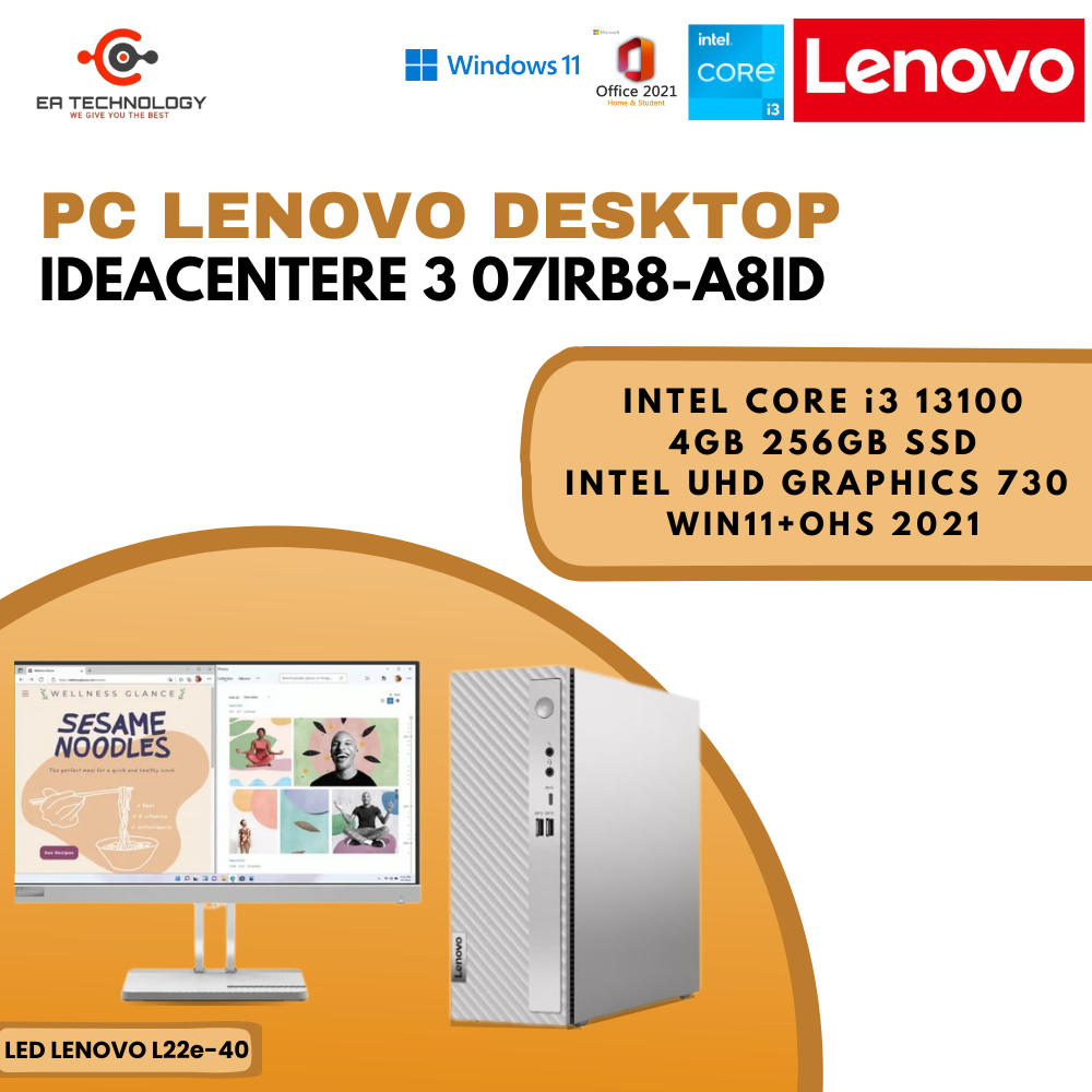Jual PC DESKTOP IDEACENTRE 3 07IRB8 Core i3-13100 4GB 256SSD+ LED Lenovo L22e-40 21,5" W11+OHS ...