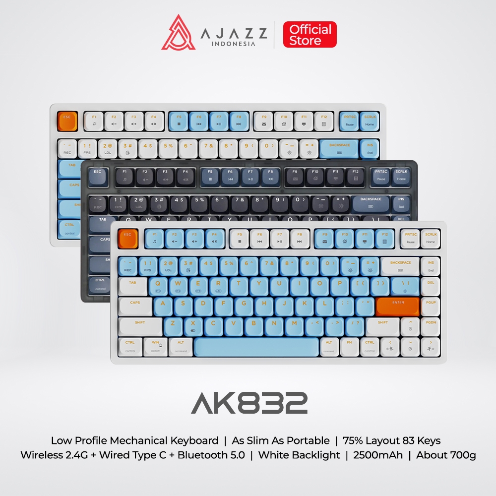 Jual Ajazz AK832 75% Low Profile Mechanical Keyboard 3-Mode White Backlight | Shopee Indonesia