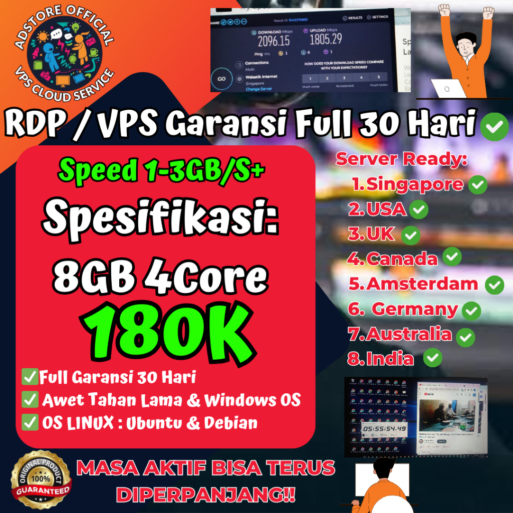 Jual RDP / VPS 8GB 4CORE Windows Ubuntu Debian Full root & Full Administrator & Full Garansi ...