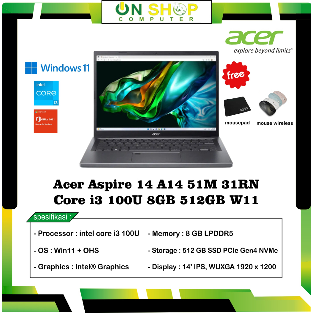 Jual Acer Aspire 14 A14 51M 31RN Intel Core i3 100U 8GB 512GB WIN 11 ...