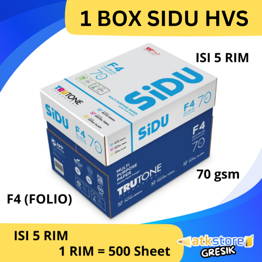 Jual KERTAS HVS SIDU Sinar F4 FOLIO 70 GSM 1 BOX/5 RIM Kertas Print ...