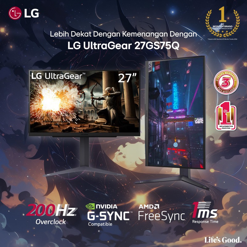 Jual LG 27GS75Q-B 27” UltraGear™ QHD IPS 180Hz (O/C 200Hz) Gaming Monitor 1ms (GtG) HDR10 ...