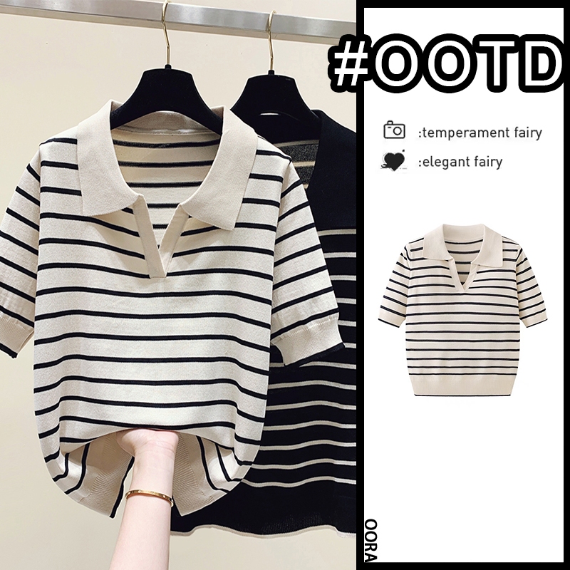 Jual OORA Atasan Rajut Lengan Pendek Korean Style Knit Stripe T-shirt/Kaos BerKerah Polo Salur ...
