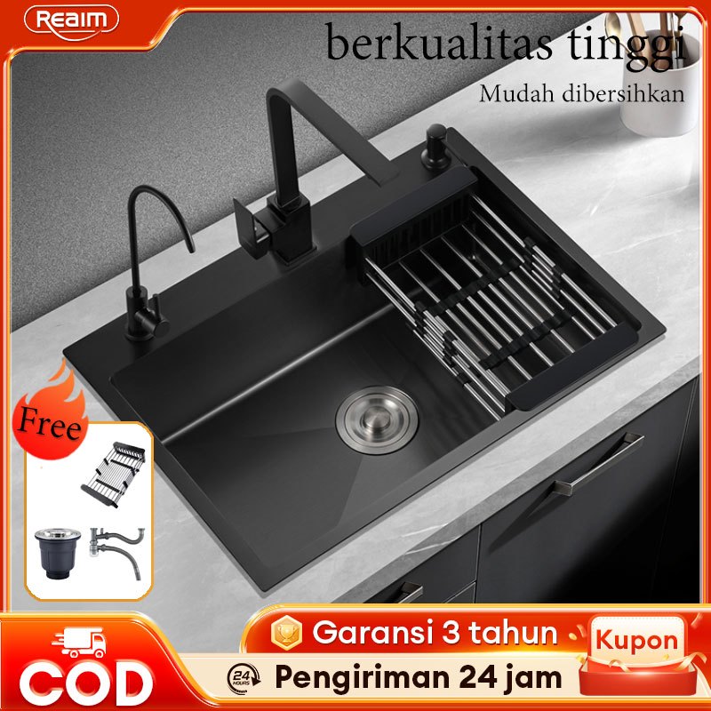Jual Reaim Kitchen Sink Wastafel Stainless Hitam 304 Paket High Quality ...