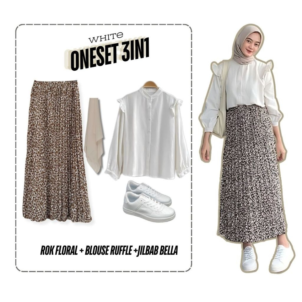 Jual 3in1 One set blouse atasan wanita putih rempel ruffle rok plisket coklat motif jilbab bella ...