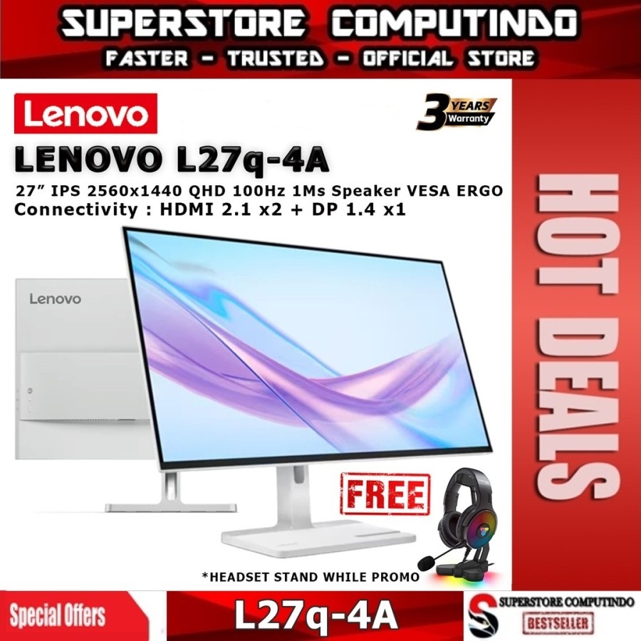 Jual Monitor LED LENOVO L27h-4A 27" IPS 1440p QHD 2K 100Hz HDMI 2.1x2 ...