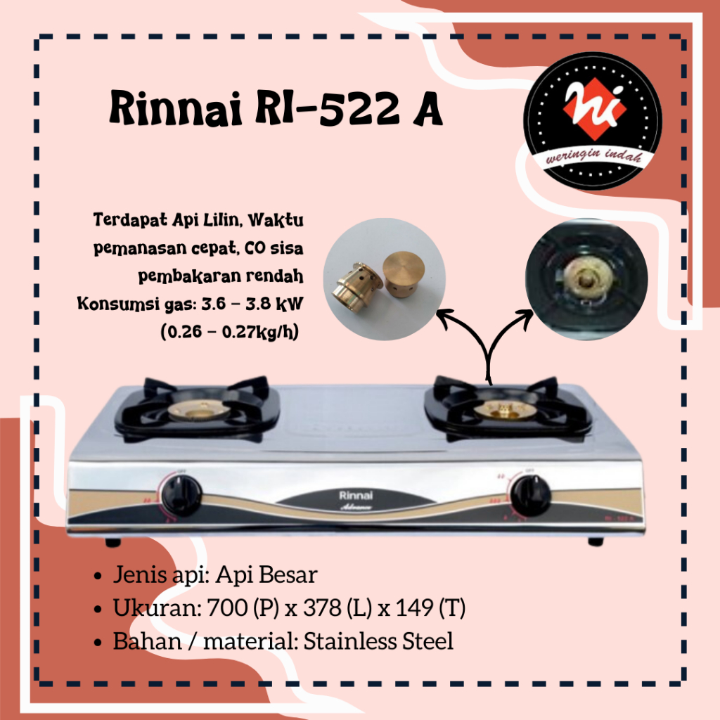 Jual Weringin Indah - Kompor Gas Rinnai RI-522 A, Kompor Rinnai 2 Tungku, Kompor Rinnai 2 Tungku ...