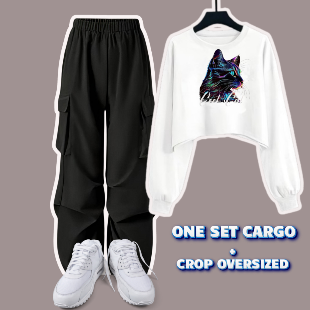 Jual JBF One Set Crop Oversized Dan Cargo Cool Cat | Shopee Indonesia